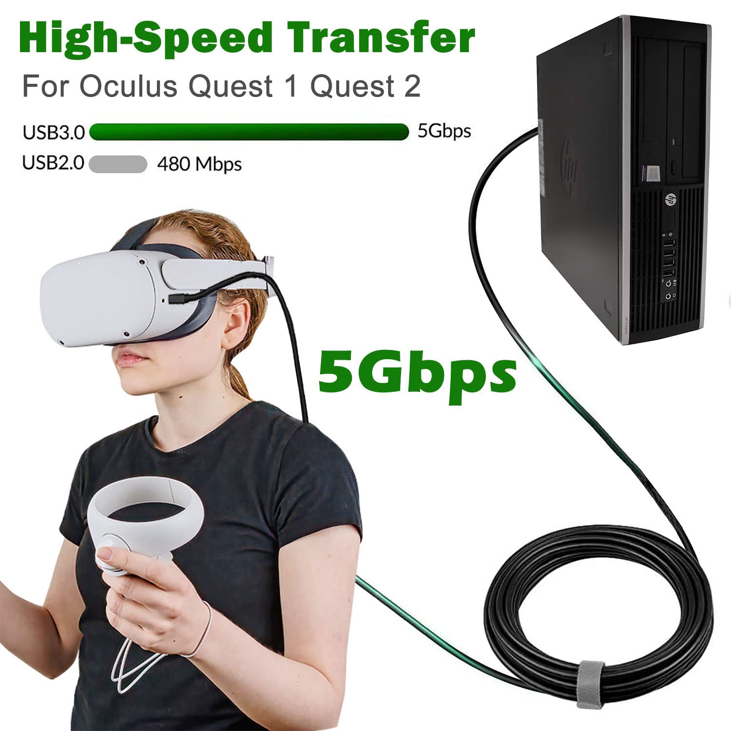GOBEST Link Cable 10FT Compatible with Meta/Oculus Quest 2/1 and PC, Transfer Fast Charging USB 3.0 to USB C Cable for VR Headset and Gaming PC
