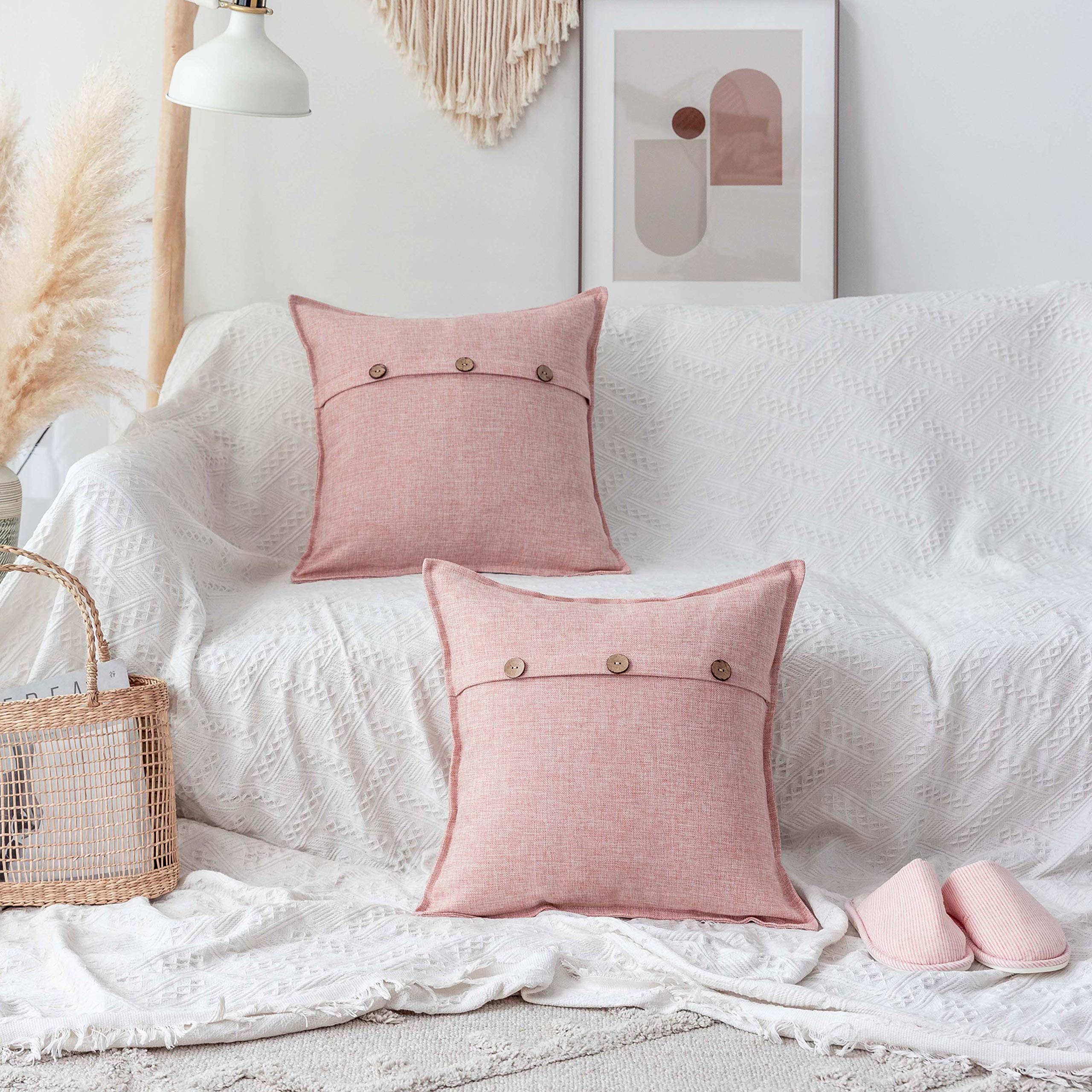 Home Brilliant Decorative Throw Pillow Covers 18 x 18 Farmhouse Rustic Button Lined Linen Throw Pillows for Couch, Set of 2, 18x18 inch(45x45cm), Light Grey