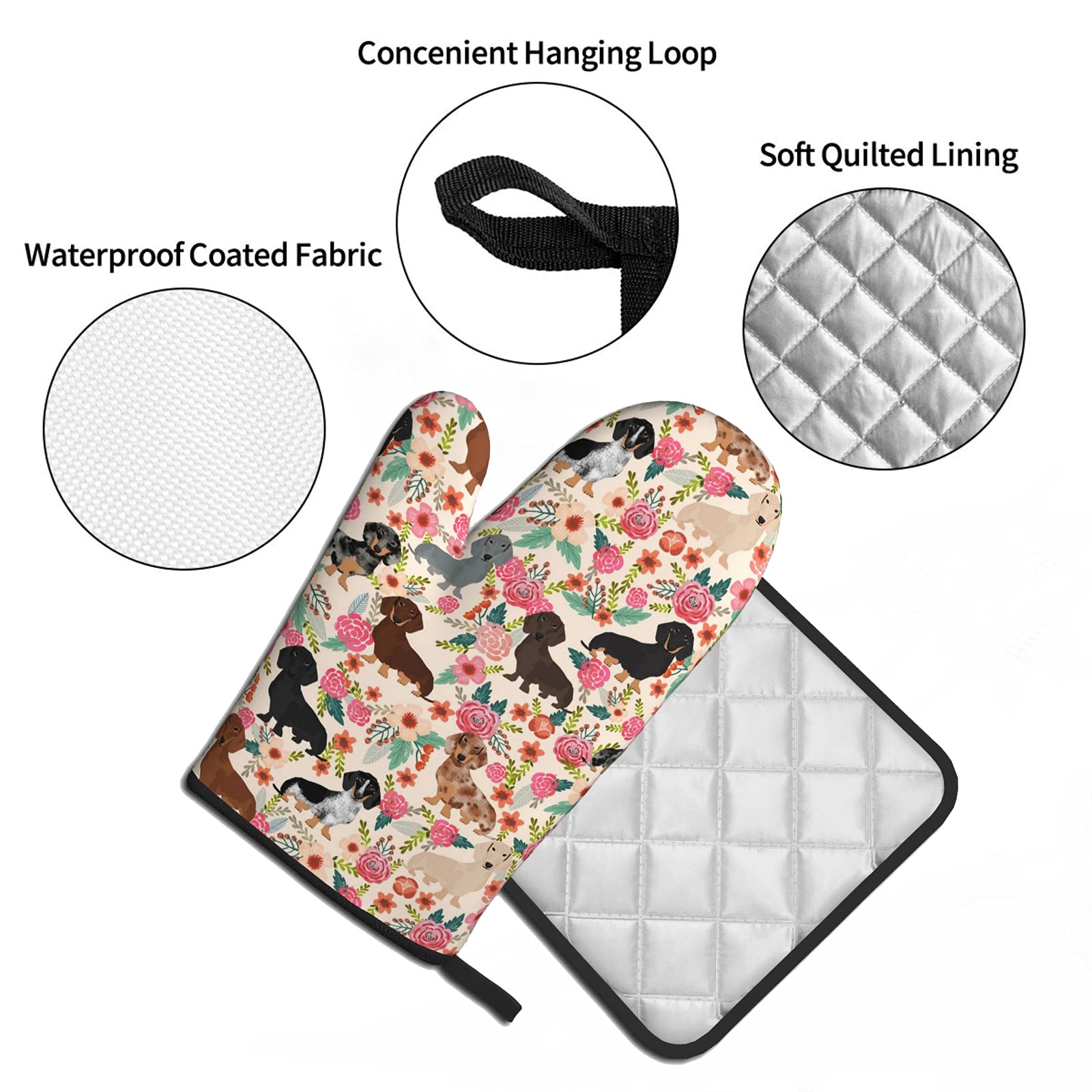 Hitamus Floral Dachshunds Oven Mitts and Pot Holders Sets, Heat Resistant Kitchen Microwave Gloves Non-Slip Pot Pads for Grilling Baking Cooking BBQ (Set of 2)