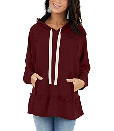For G and PL Women Loose Ruffled Hem Raglan Hoody Long Sleeve Babydoll Solid Tiered Sweatshirt with Pocket Maroon XXL