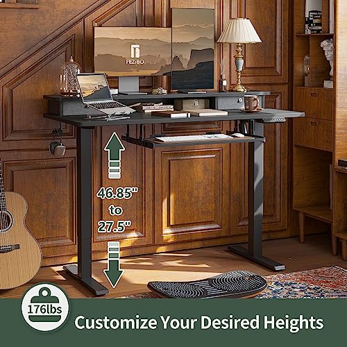 FEZIBO 55 x 24 Inch Dual Motor Height Adjustable Electric Standing Desk with Keyboard Tray, Sit Stand Table with Splice Board, Black Frame/Black and Rustic Brown Top