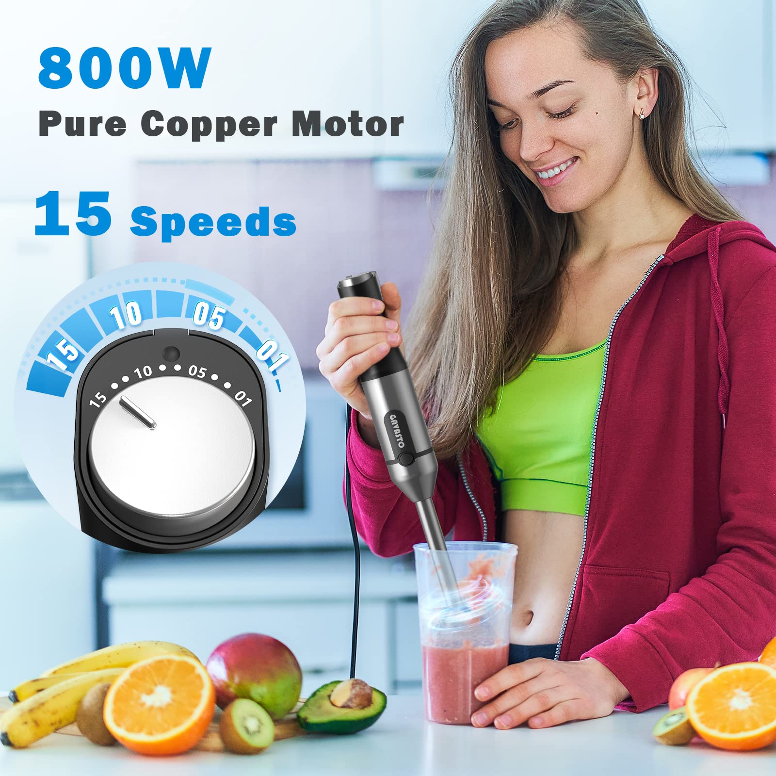 Gavasto Immersion Blender 800 Watts Scratch Resistant Hand Blender,15 Speed and Turbo Mode Hand Mixer, 3-in-1 Heavy Duty Copper Motor Stainless Steel Smart Stick with Egg Beaters and Chopper