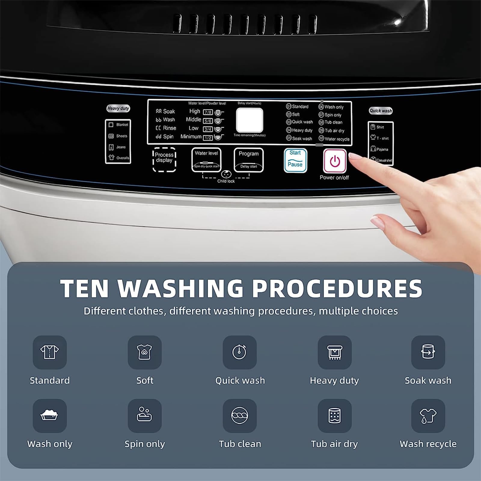Full Automatic Washing Machine, AYCLIF 15.6 lbs Top Load Portable Washer with Drain Pump,10 Wash Programs 8 Water Levels,for Dorm Apartment RV Full-Automatic Washing,Grey