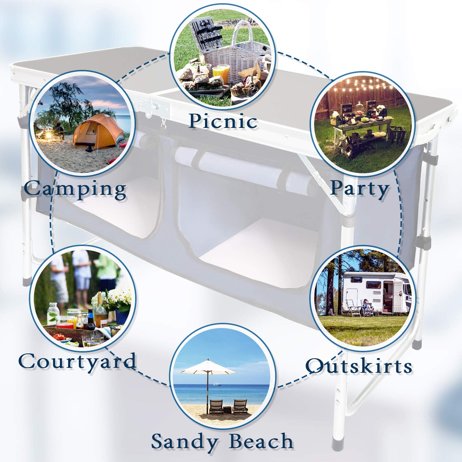 Gocamptoo Outdoor Folding Table with Storage Organizer, Portable Aluminum Lightweight Adjustable Table for Camping, Picnic (BK)