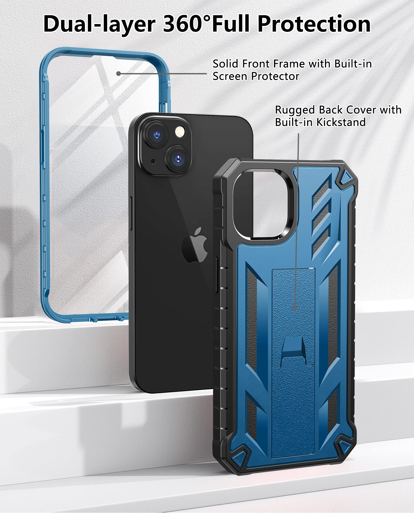 for iPhone 13 Case Protective Cover: iPhone 14 case Heavy Duty Military Grade Hard Protection Shock Proof Grip | Durable Dual-Layer Design iPhone 13-14 Phone Case with Built-in Kickstand Blue