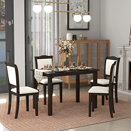 GLORHOME 5-Piece Mid-Century Wood Dining Table Set with 4 Upholstered Chairs for Family Kitchen Small Places, Espresso+White