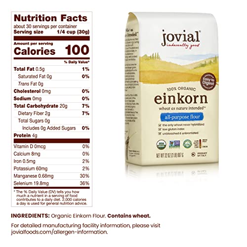 Jovial Einkorn 100% Organic Einkorn All Purpose Flour - Baking Flour, High Protein, Non-GMO, USDA Certified Organic, Unbleached Flour, Product of Italy, Organic All Purpose Flour - 32 Oz, 5 Pack