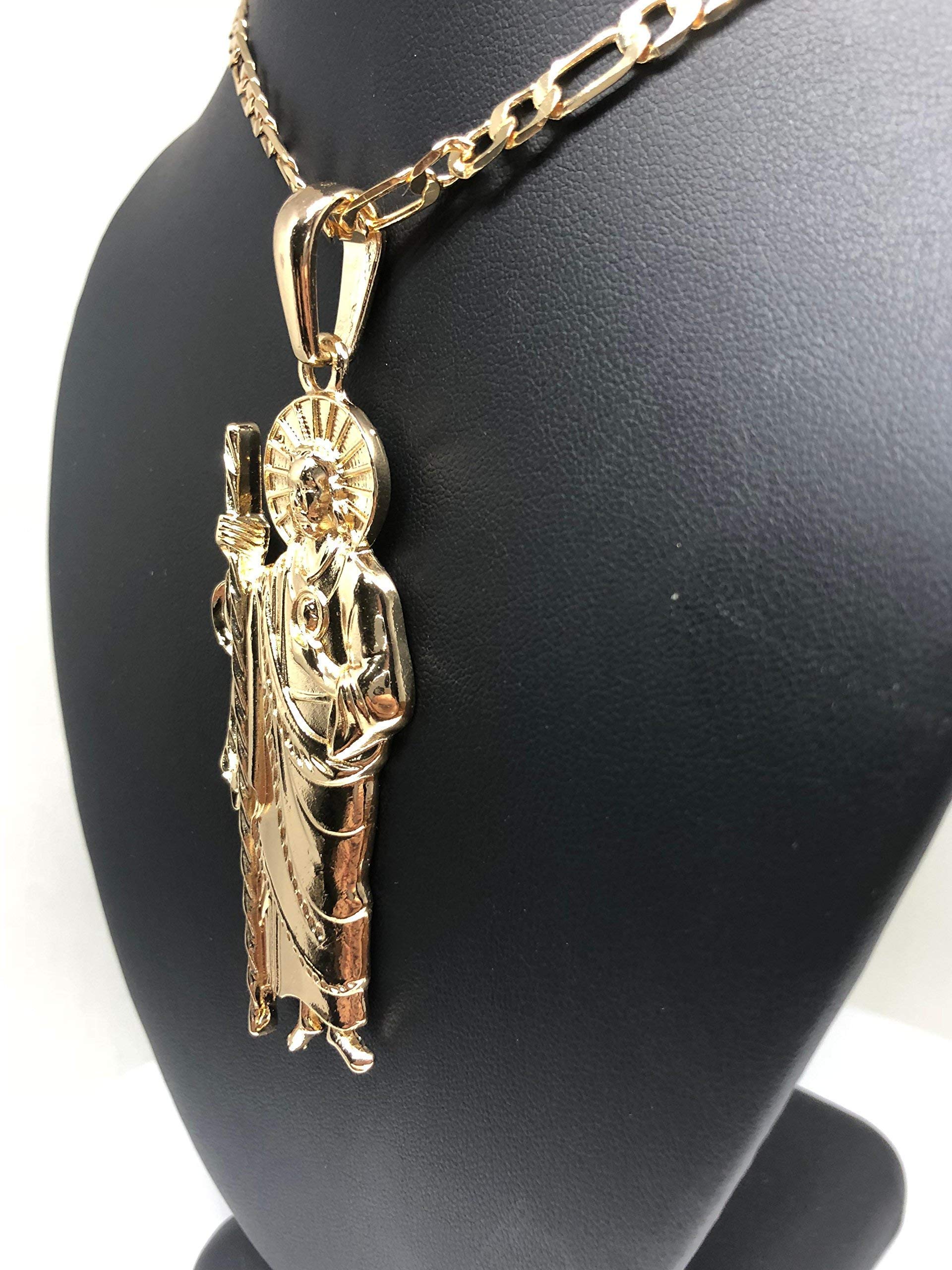Fran & Co. Jewelry Gold Plated Big Saint Jude Pendant Necklace Figaro 26" San Judas Tadeo Medalla XL Cadena Oro