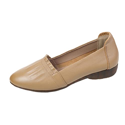 Ladies Fashion Solid Color Leather Folds Shallow Soft Sole Flat Casual Shoes Loafer Heel Khaki