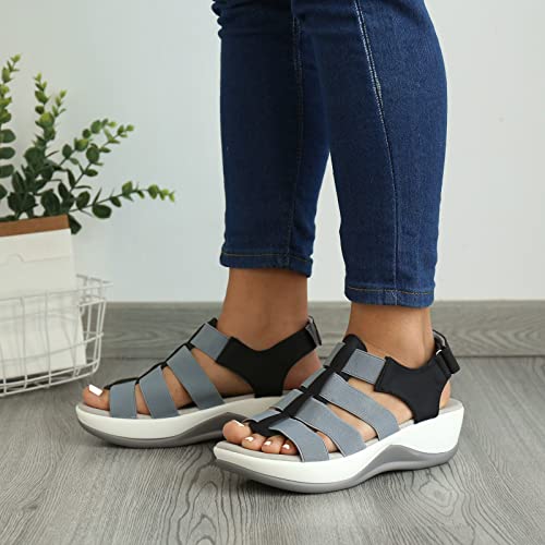 Ladies Fashion Summer Breathable Stretch Cloth Platform Wedge Hook&Loop Sandals Wedge Heels for Women Sandals