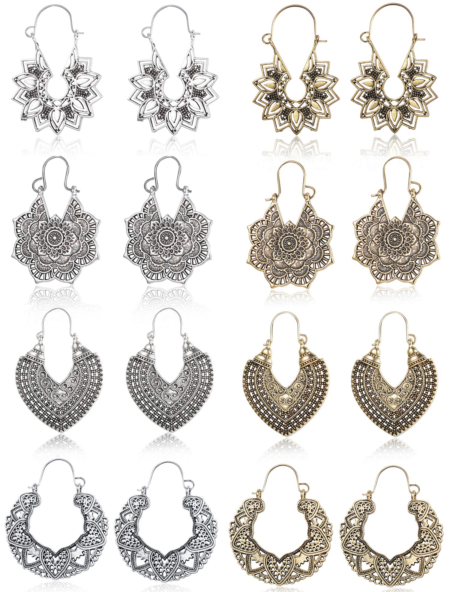 FIBO STEEL 8 Pairs Vintage Mandala Flower Gypsy Drop Dangle Earrings for Women Boho Retro Tribal Hollow Earrings Set