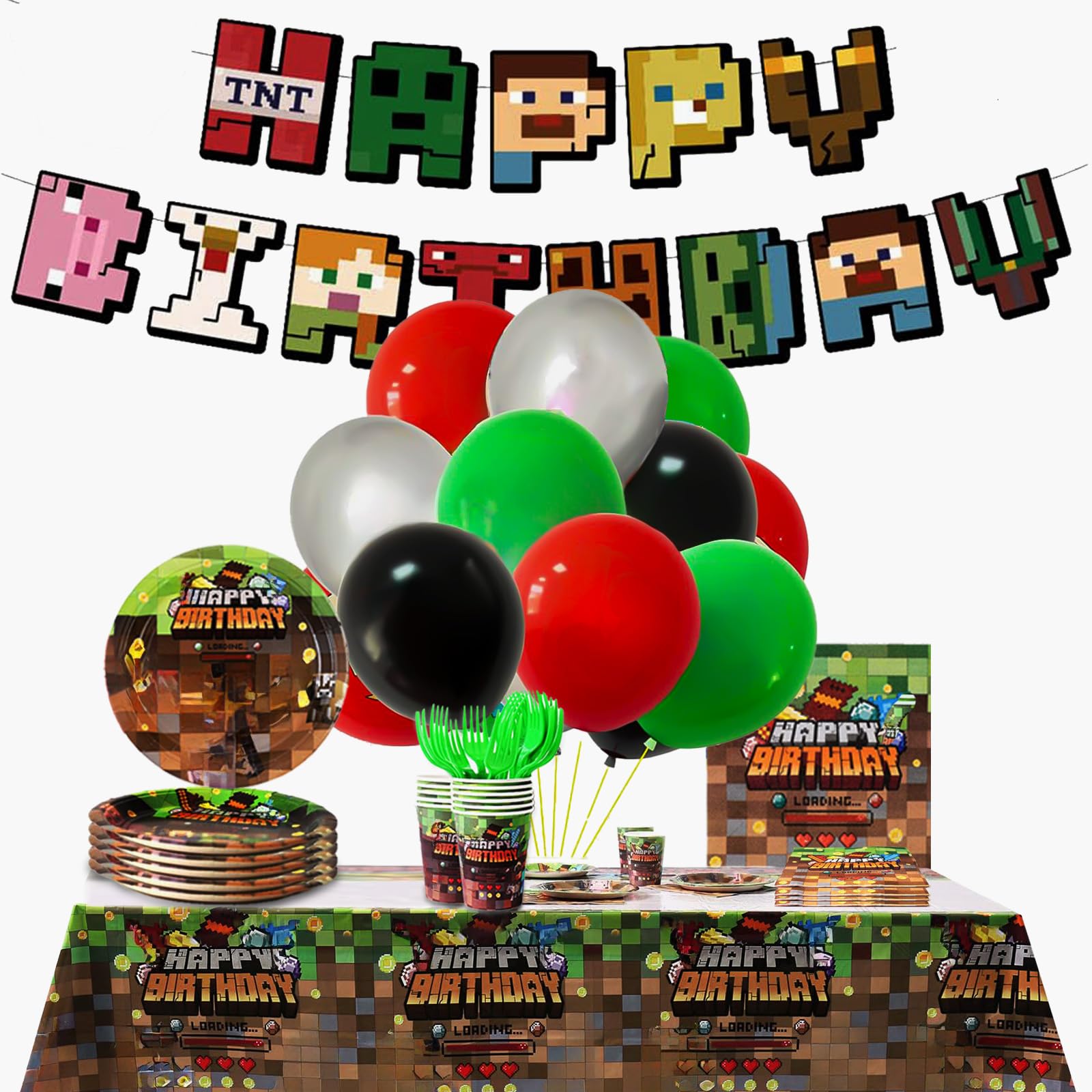 Pixel Birthday Party Decorations - Party Favour Set Includes Pixel Banner, Plates, Napkins, Cups, Tablecloth, Balloons, Forks. (green)