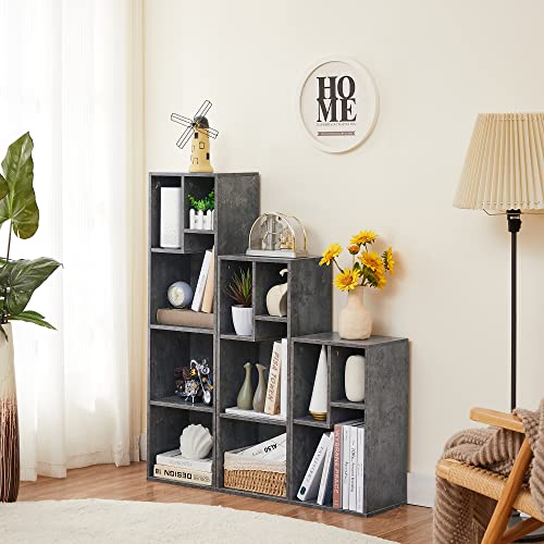 VECELO 3-Cube Open Bookcase, Small Bookshelf with Height Difference Shelves for Most Books, Horizontal Available, 2-Tier Storage Organizer for Home Office, Living Room, Grey