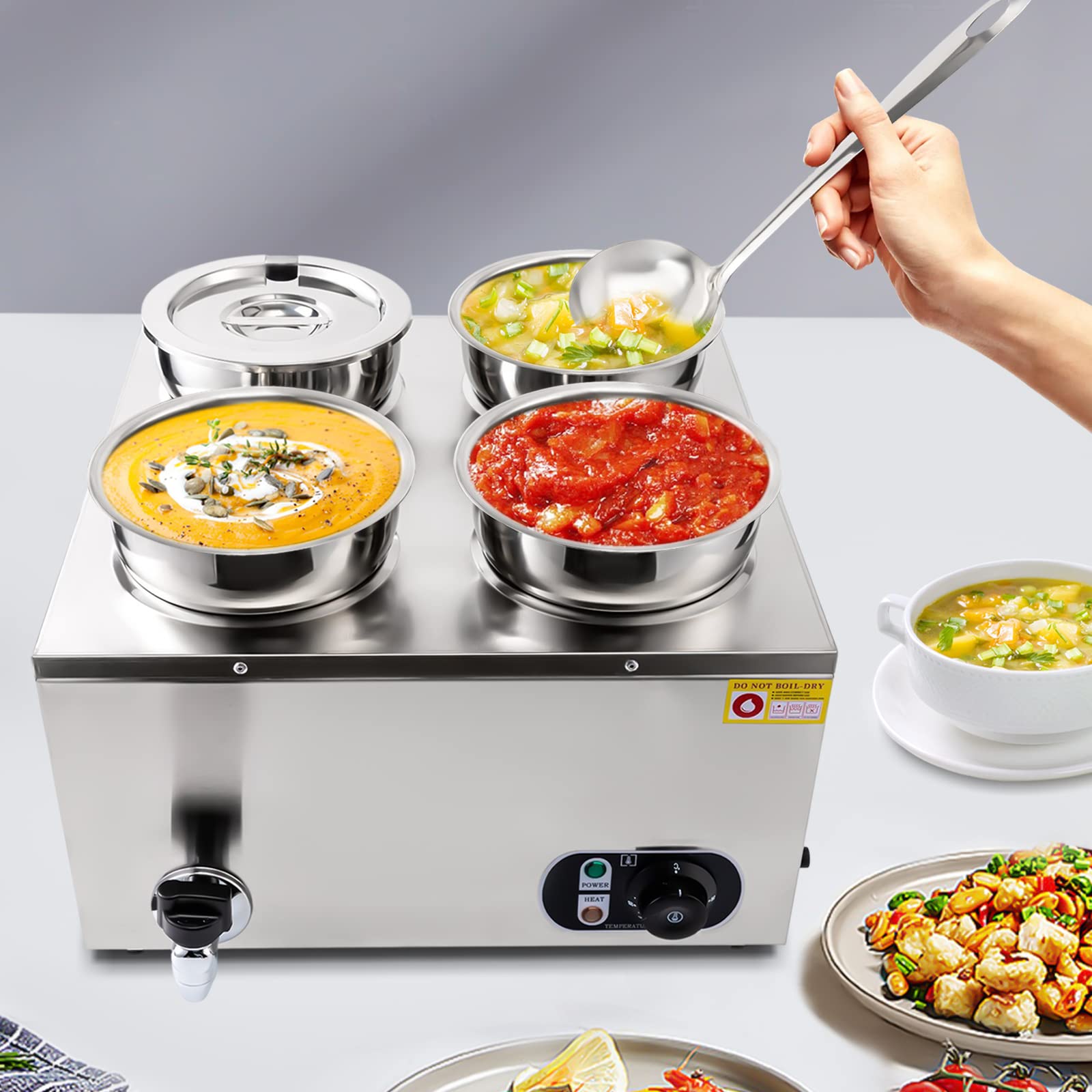 Soup Warmer Commercial Electric Warming Tray Soup Pot with Lid Countertop Food Warmer for Soup Chocolates Cheeses, Stainless Steel, 86-185℉ Adjustable (4x4L)