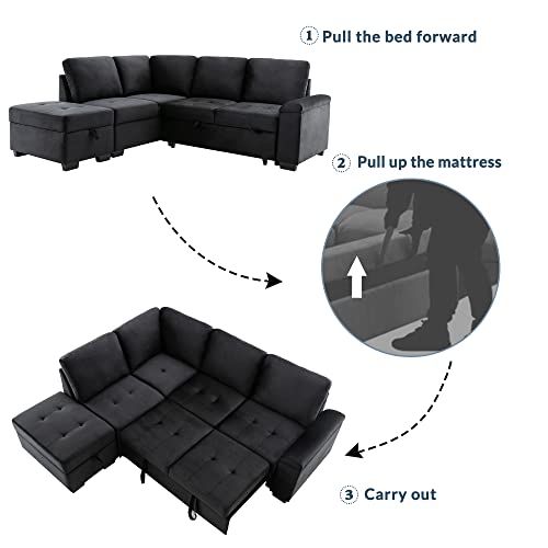 UBGO Sectional Modern L Shape Corner Convertible Sleeper Combination Sofa Bed Ottoman and Storage Hidden Arms Pull Out Sheet for Living Room Apartment, Black G