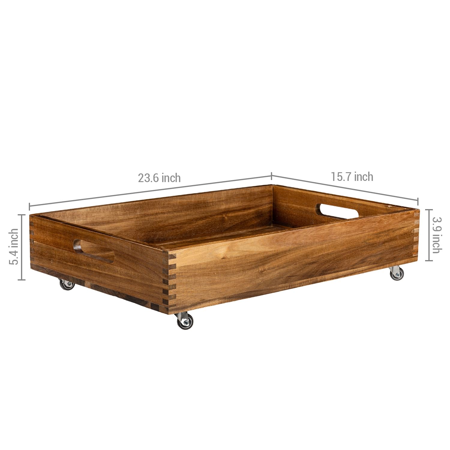 MyGift 24 Inch Premium Acacia Solid Wood Under Bed Storage Cart with Rotating Wheels, Wooden Box Joint Corner Rolling Underbed Bin Tray Space Saving Bedroom Organizer