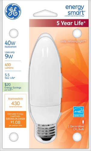 GE 24692 9-Watt 430-Lumen Decorative B13 CFL Bulb, Soft White