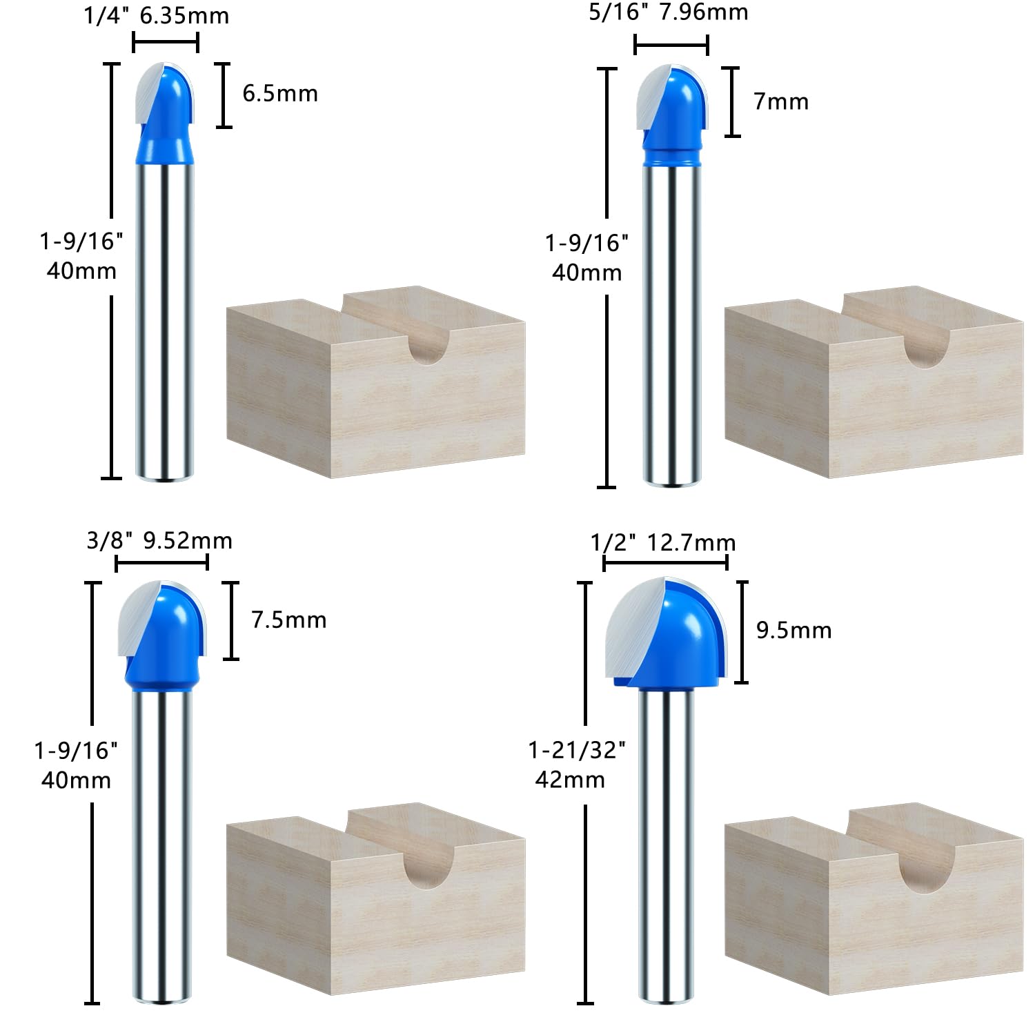Helovmine 1/4 Inch Shank Round Nose Cove Core Box Router Bit Set Solid Carbide Double Flute Round Nose Router Bit 1/4" 5/16" 3/8" 1/2" 5/8" 3/4" 7/8" 1" Cutting Diameter Woodworking CNC Tools