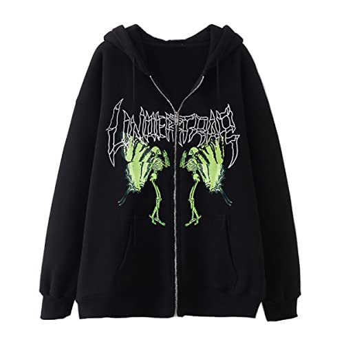 Y2k Sweatshirt Women Men Oversized Aesthetic Zip Up Hoodie Vintage Graphic Printed Skeleton Skull Bone Butterfly Halloween Harajuku Gothic Casual Teen Girls Loose Jacket Tops Black Skeleton Butterfly