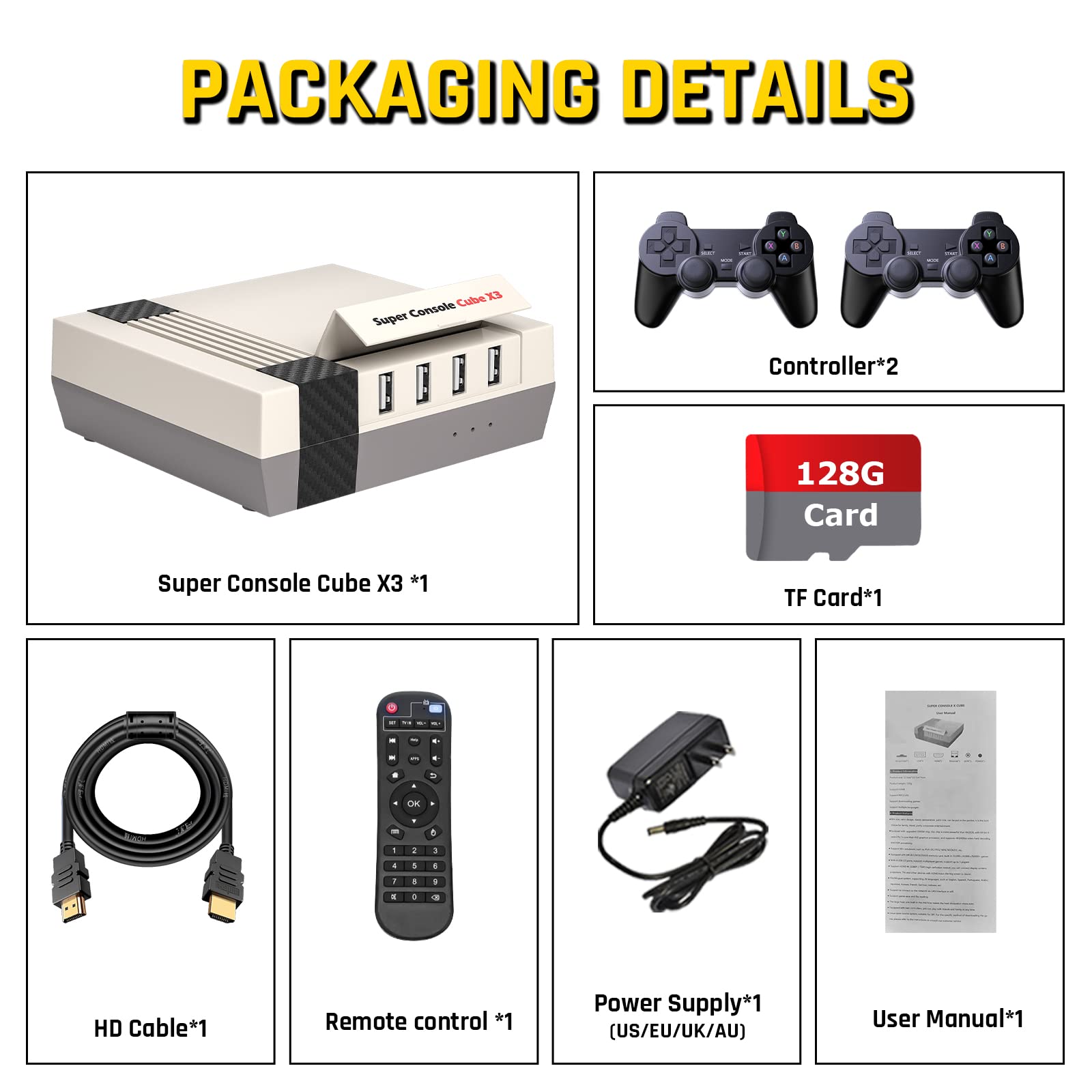 Kinhank Super Console Cube X3 Classic Game Consoles Built-in 86,000+ Games,S905X3 Chip,Emuelec4.5/Android 9.0 TV/CoreELEC 3 Systems in 1, 4K TV HD/AV Output,5 USB Port, Dual Wireless Controllers,Gift for Friends