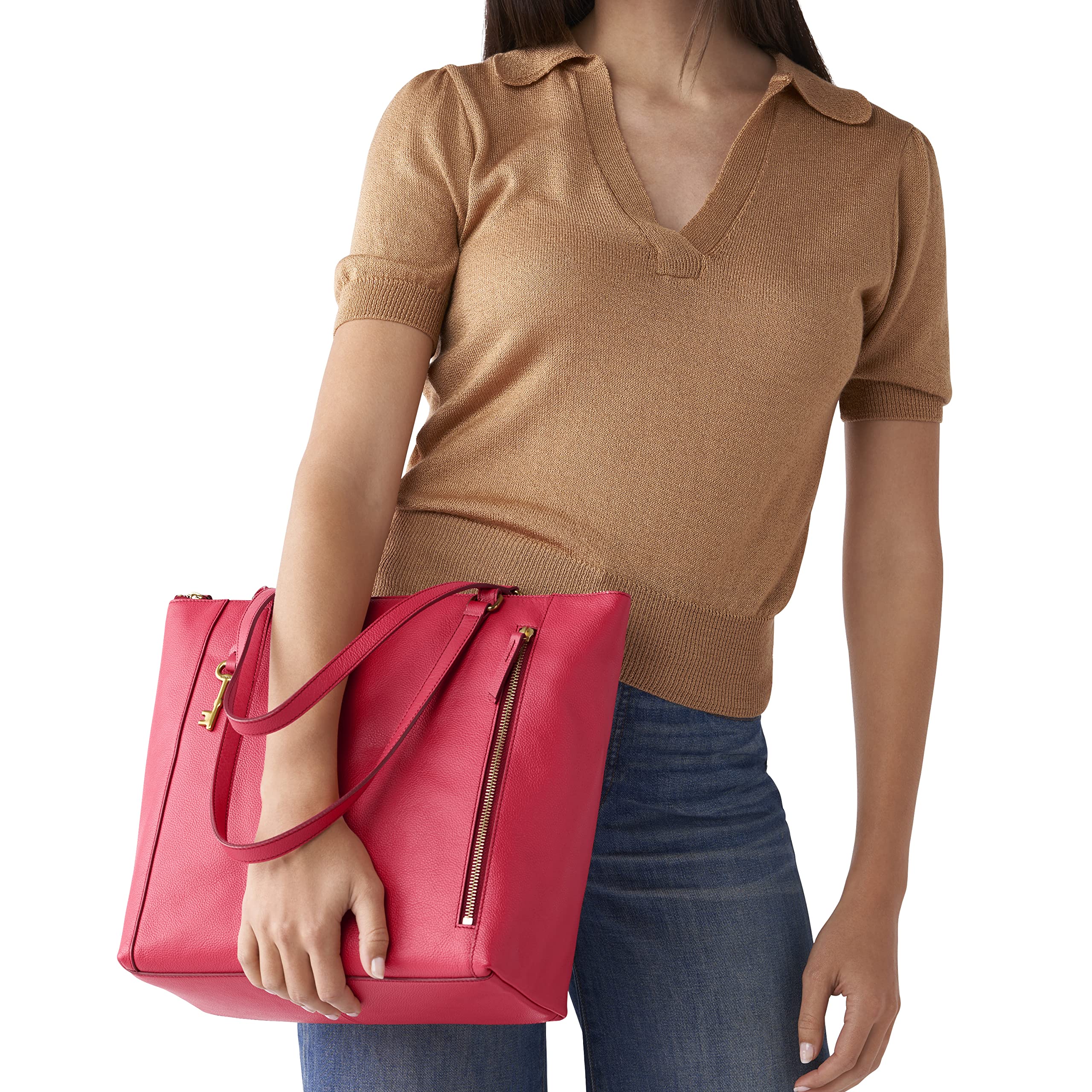 Fossil Women's Tara Leather Shopper Tote Purse Handbag, Cherry (Model: ZB1475618)