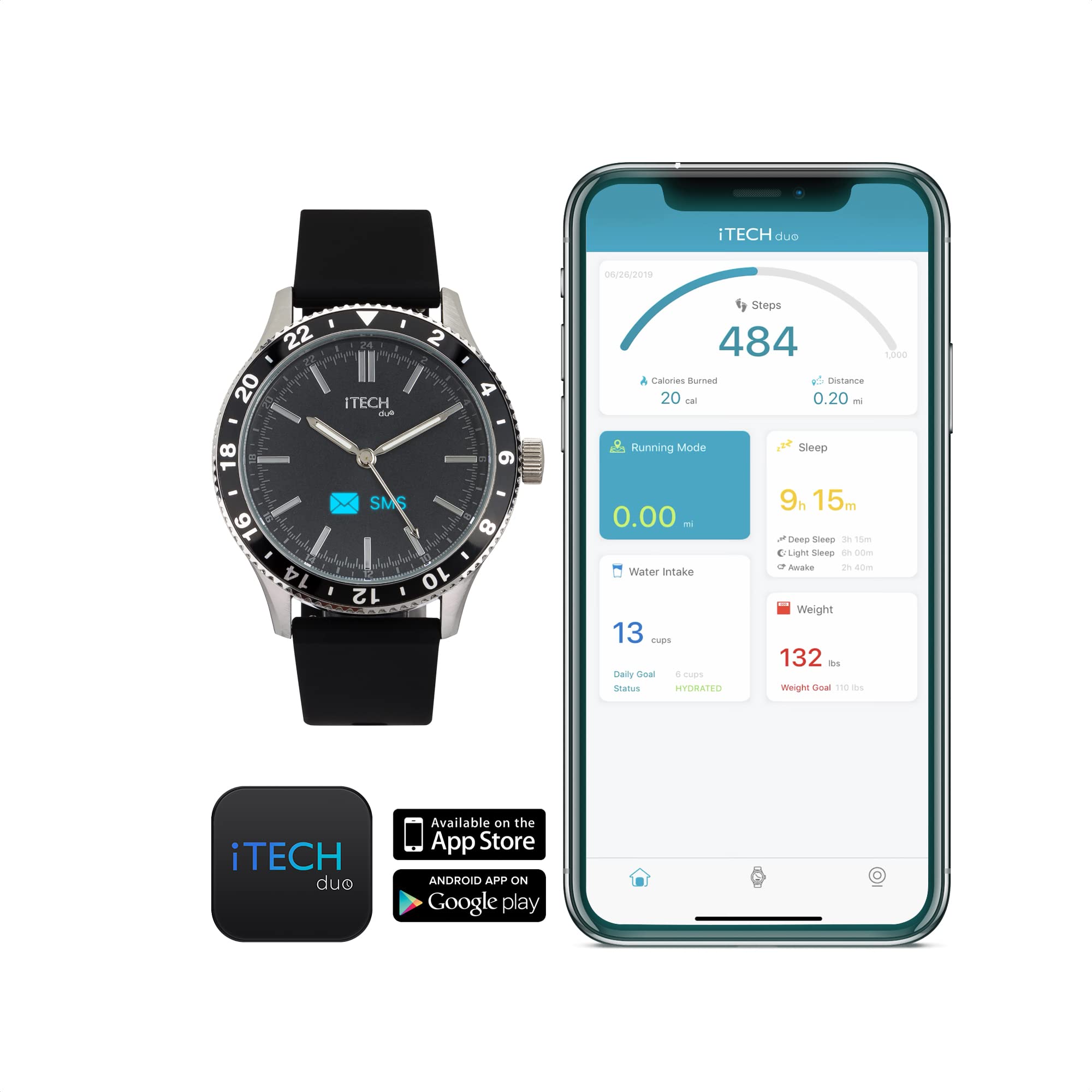 Itech Duo Smartwatch Fitness Tracker Step Counter Sleep Monitor Connected GPS Notifications for Women and Men up to 10 Day Battery Compatible w Android & iOS (Silver/Black)