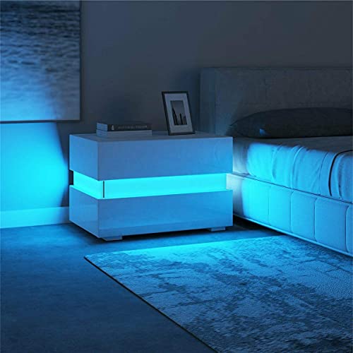 HALLOLURE Nightstand Modern Low Profile White Nightstand with Drawers and LED Light 17.7" Tall Night Stand Bed Side Table for Bedroom, Platform Bed