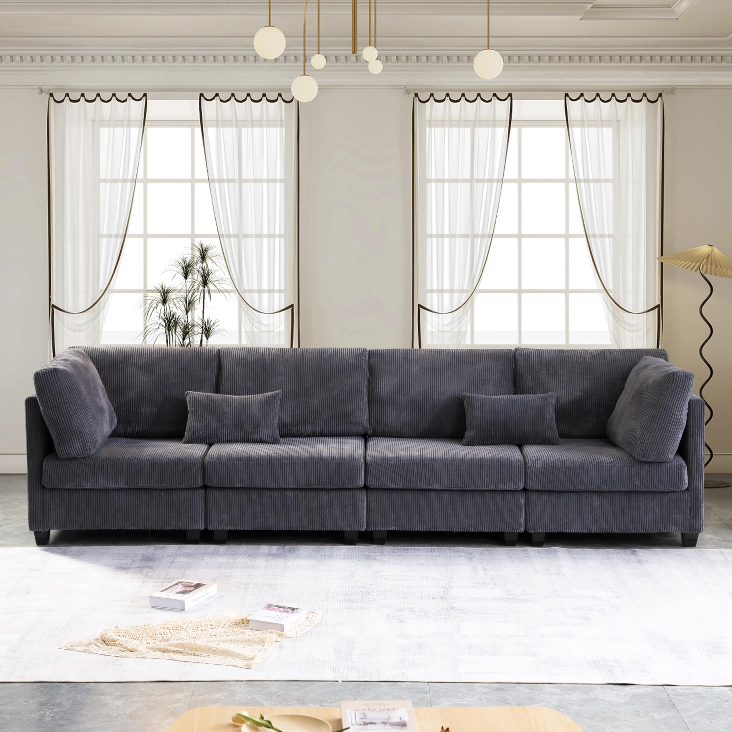 MYINDA Sectional Couches for Living Room, Convertible 4-Seat Deep Modular Couch with Movable Ottoman, Modern L Shaped Couch, Comfy Corduroy Upholstered Corner Sofa & Couches (Dark Gray)