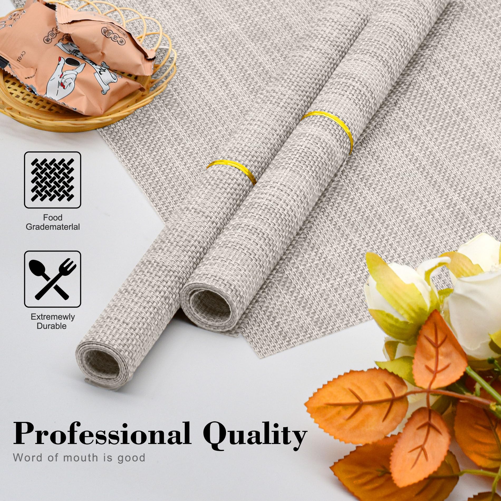 Placemats Set of 6 Washable Indoor/Outdoor Vinyl Place Mats for Dining Table Durable Non-Slip Heat Resistant PVC Weave Table Mats(Beige)