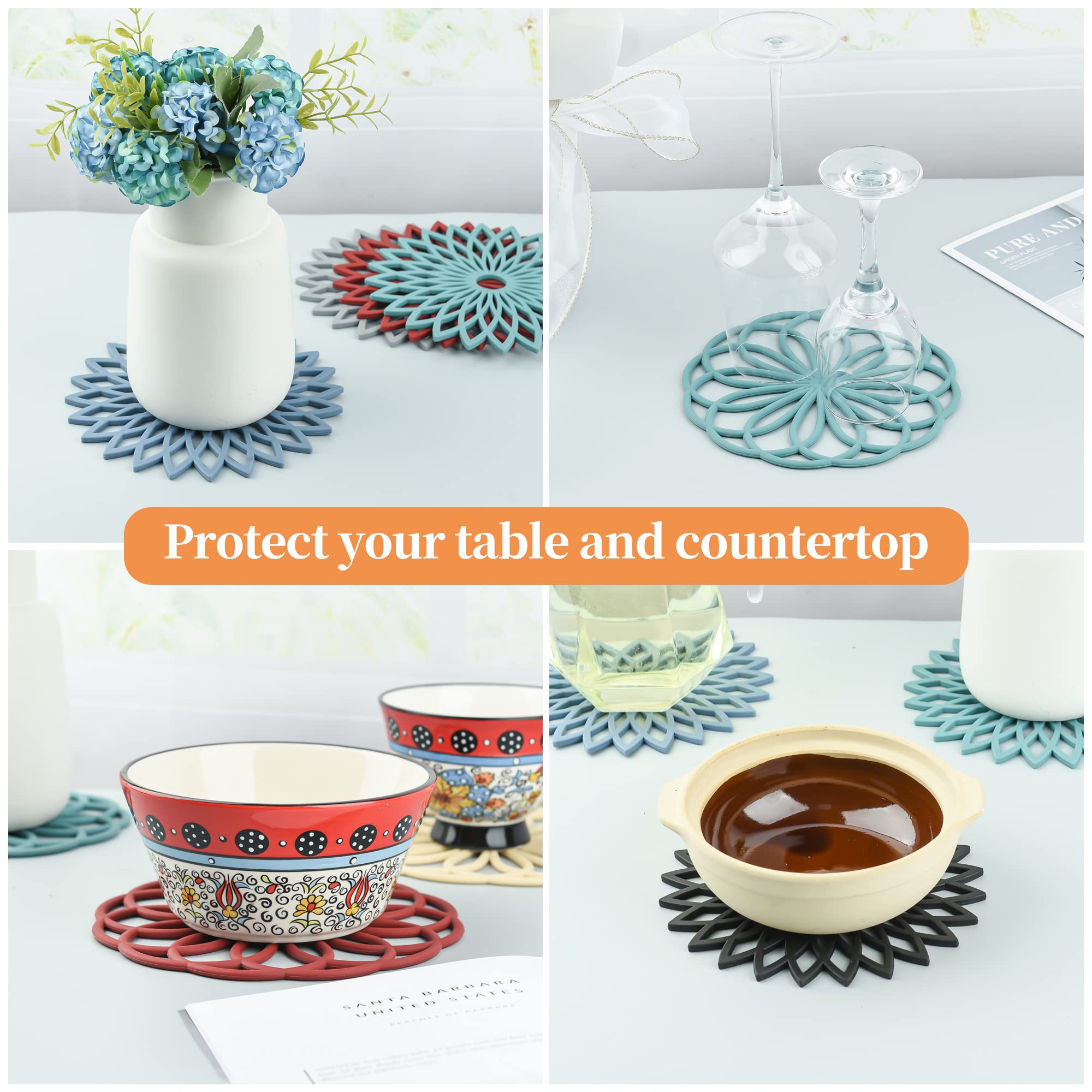 Kalsreui Trivets for Hot Dishes, Silicone Trivet Hot Pads for Kitchen Counter, Carved Silicone Trivets for Hot Pots and Pans, Heat Resistant Mat for Quartz, Teal Round Silicone Trivets Mats Pack 6