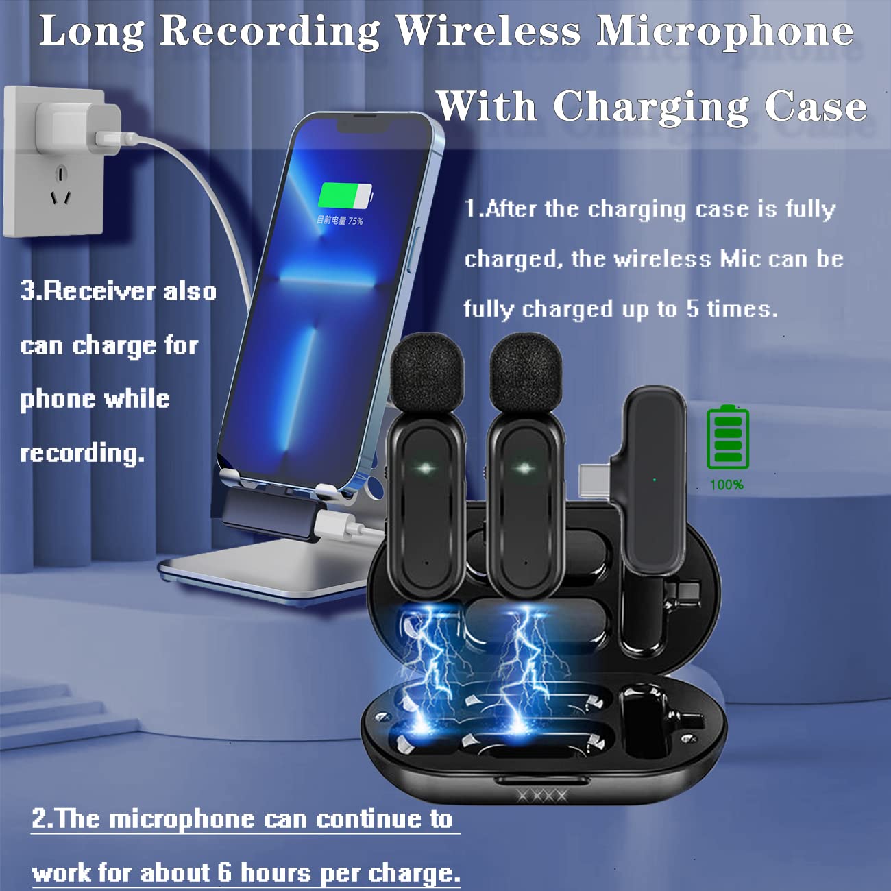 Heshenyqi 2 Pack Wireless Lavalier Microphone for iPhone iPad Android Professional with Charging Case, 3.6mm Jack, USB Connectivity, Portable, Compatible with Mainstream Devices