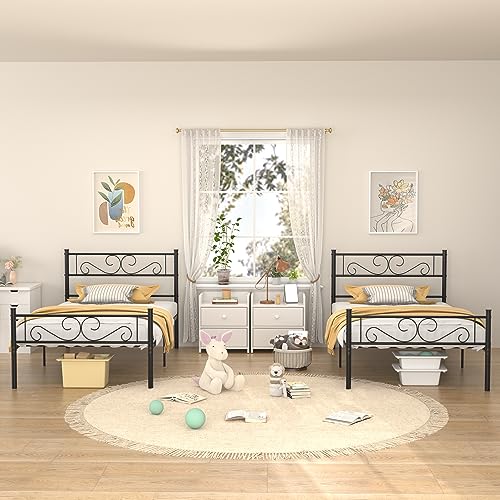 VECELO Twin Size Bed Frame with Headboard, 14 Inch Metal Platform Mattress Foundation, No Boxing Spring Needed, Squeak Resistant, Easy Assembly, Black