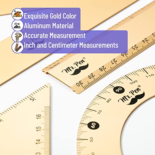 Mr. Pen- Geometry Set, Gold Color, 4 Pack, Metal Geometry Kit, Triangle Ruler, Metal Ruler, Drafting Triangles, Metal Protractor, Metal Set Square, Drafting Ruler, Drafting Set