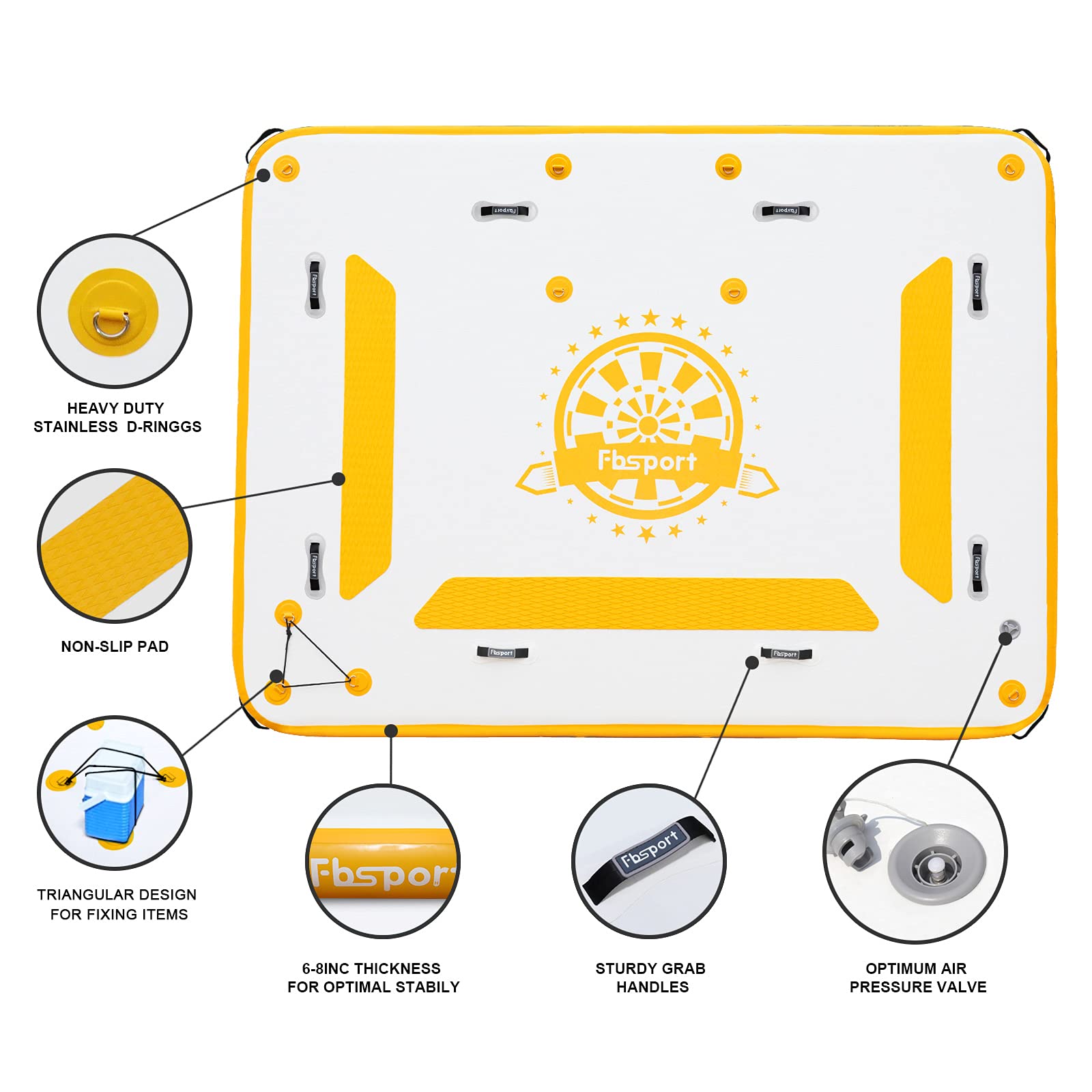 FBSPORT Inflatable Floating Dock Mat, 6ft x 5ft Inflatable Water Platform Swim Deck with None-Slip Surface,6 Inch Thick PVC Construction,Floating Platform for Pool Beach Ocean