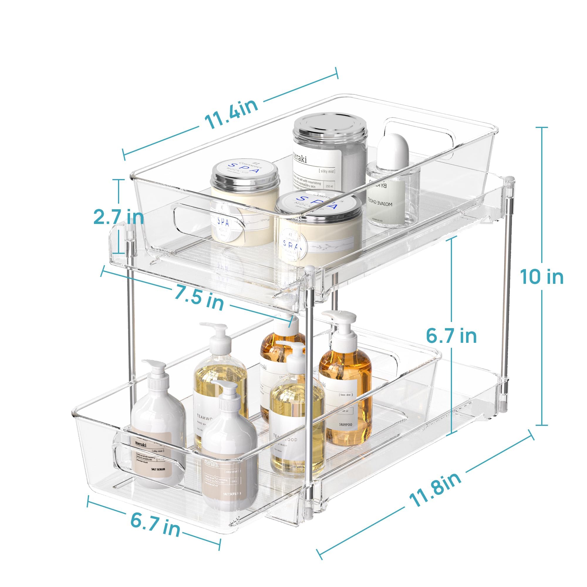 Vtopmart 4 Pack Bathroom Storage Organizer, 2 Tier Clear Under Sink Organizers Vanity Countertop Storage Container, Medicine Cabinet Drawers Bins, Pull-Out Organization with Track for Pantry, Kitchen