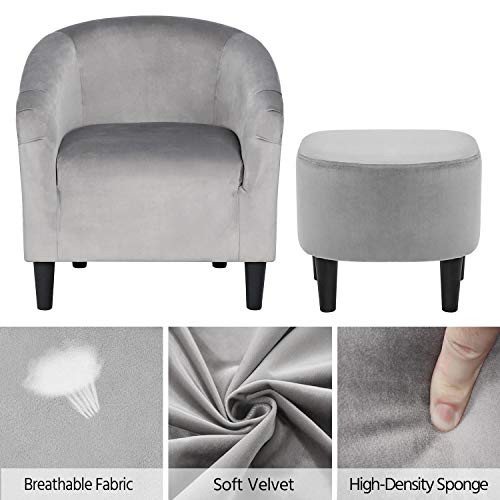 Yaheetech Accent Chair with Ottoman Foot Rest, Mid Century Modern Upholstered Soft Barrel Chair, Comfy Fabric Armchair and Footrest Set for Living Room/Bedroom/Reading Room, Gray