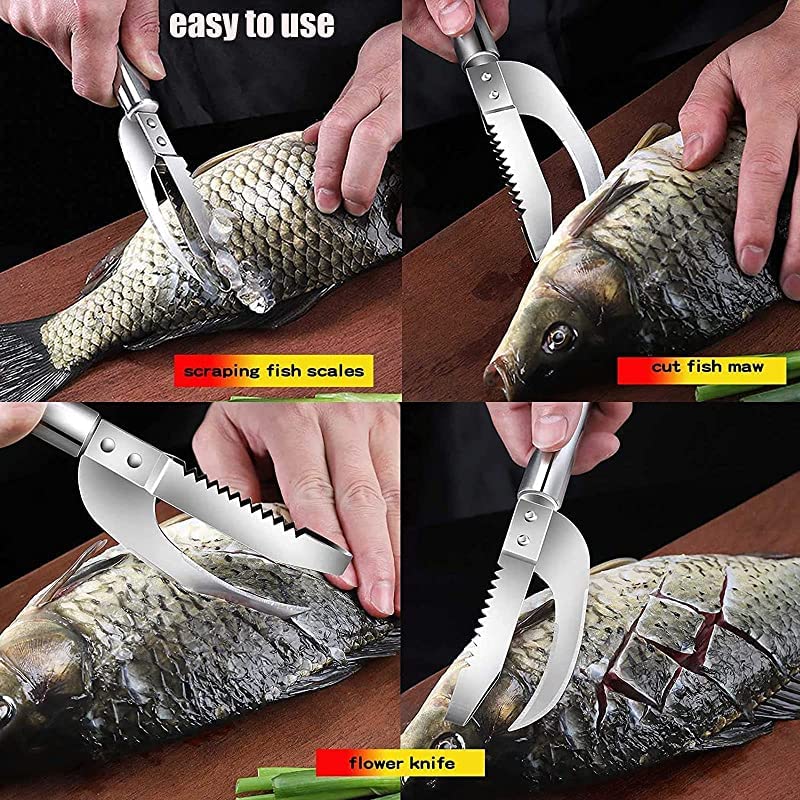 Noslepum Fish Scale Knife Cut / Scrape / Dig 3 In 1, Multifunctional Stainless Steel Fish Belly Knife, Scraper Serrated Skinner Scrape Bone Slicing Tools Kitchen Accessories (YLD-1PC)
