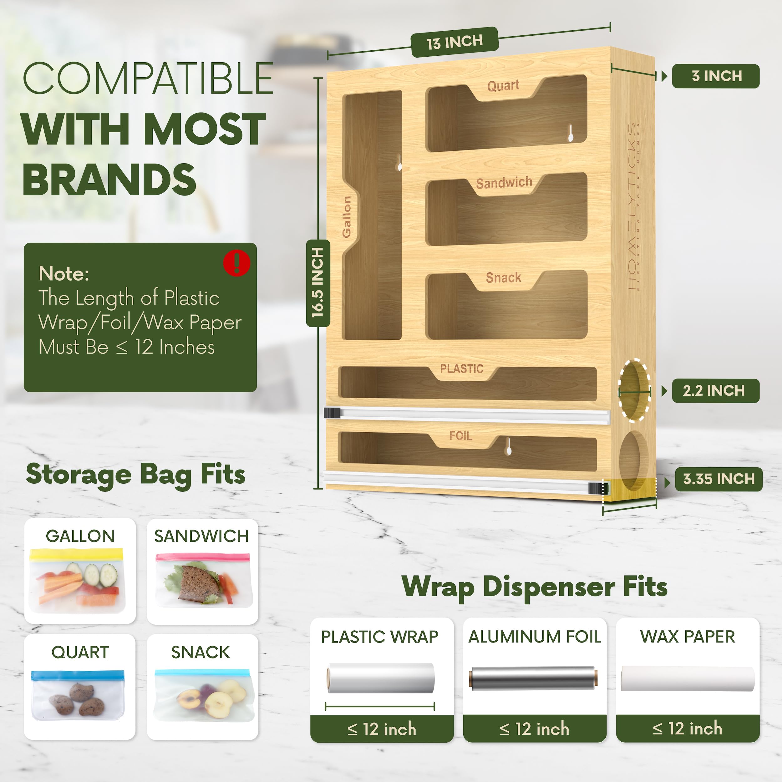 HOMELYTICKS Bamboo Storage Bag Organizer & Plastic Wrap Dispenser with Cutter -6-in-1 Kitchen Drawer Organizer for Foil and Plastic Wrap, Food Storage Bag Organizer - Sandwich, Quart, Gallon & Snack
