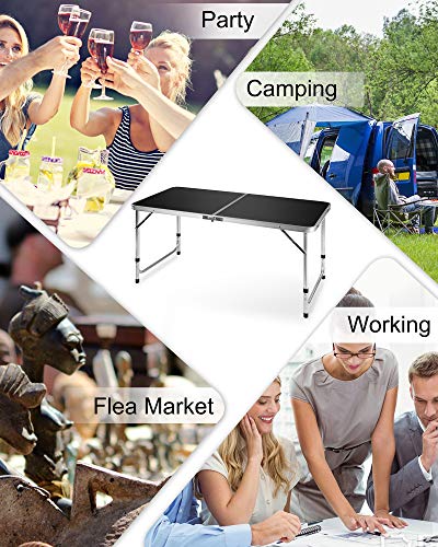 FiveJoy Folding Camping Table, 4 FT Aluminum Height Adjustable Lightweight Desk Portable Handle, Top Weatherproof and Rust Resistant Table for Outdoor Picnic Beach Backyard, 47" x 24",Black