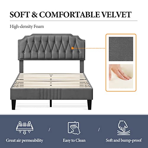 Yaheetech Full Bed Frame Velvet Upholstered Platform Bed with Curved Headboard, Height-Adjustable Headboard/Noise-Free/Wooden Slats Support/No Box Spring Needed/Easy Assembly, Dark Gray Full Bed