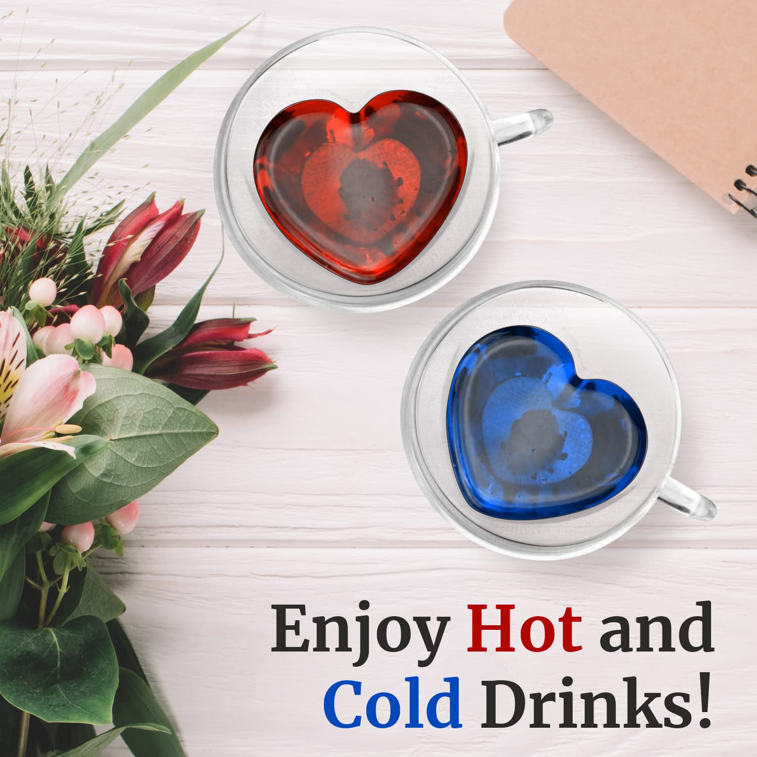 Heart Shaped Cup - Double Walled Insulated Glass Coffee Mug or Tea Cup - Double Wall Glass 10oz (300ml) - Clear - Unique & Insulated with Handle - With Teaspoon