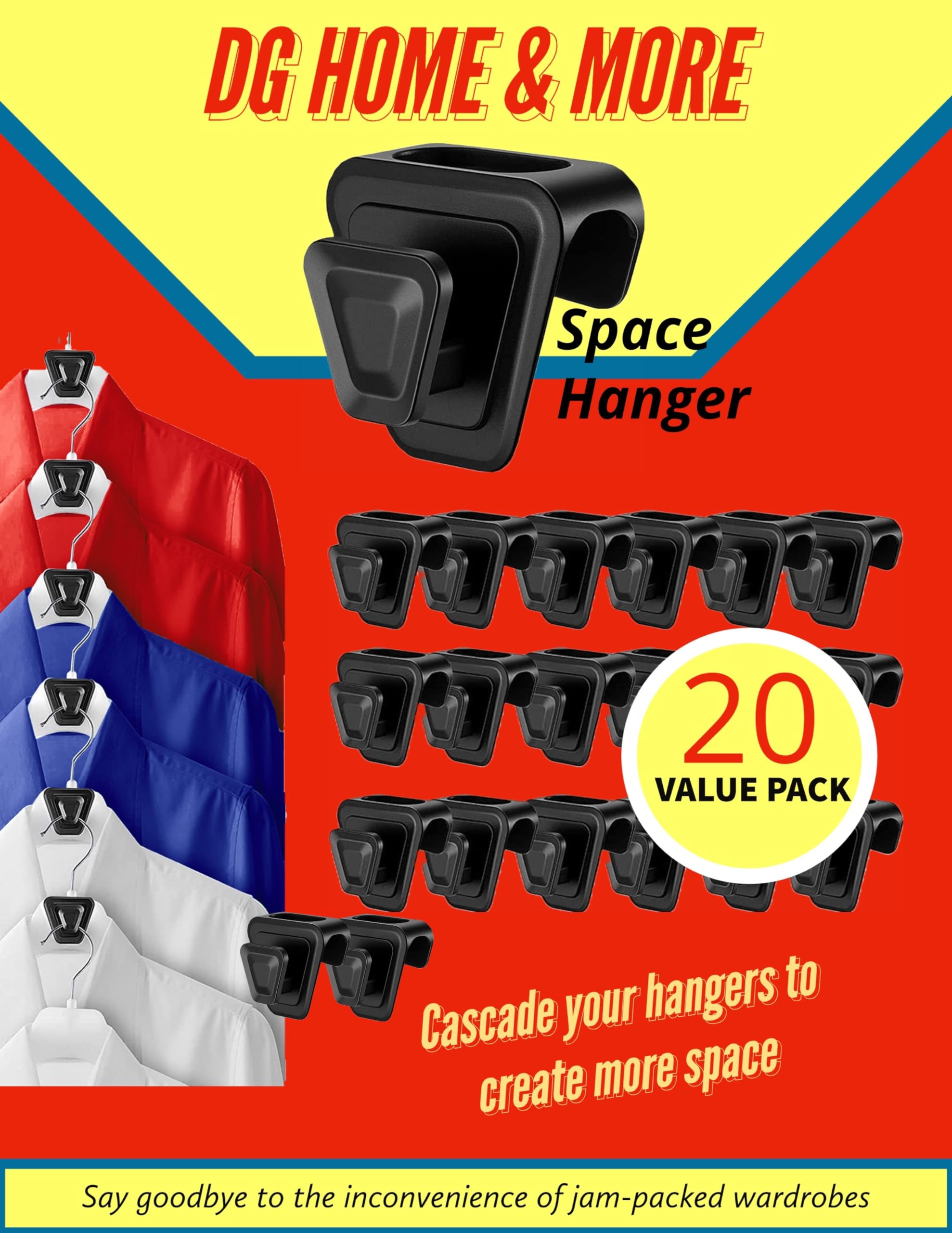 Space Saving Hangers with Hanger Connector Hooks (40 PCS) - Clothes Hanger Space Saver for Closet Organization, Space Saving Hangers for Clothes, Clothes Hanger Connector Hooks (Black)
