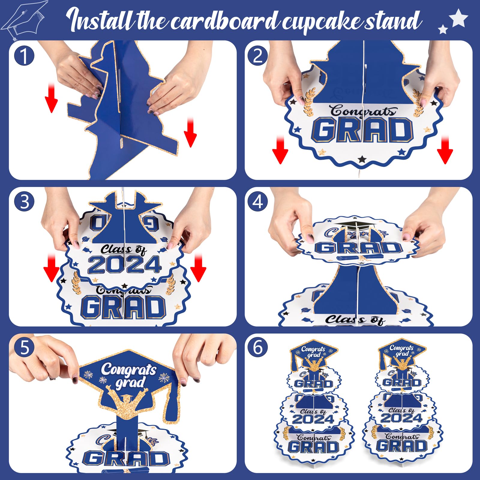 jollylife 2 Set Graduation Decorations Class of 2024 Blue and Gold Cupcake Stand,3-Tier Cardboard Congrats Grad Tower Plus 24 Cake Toppers Party Supplies Decor(Assembly Needed)