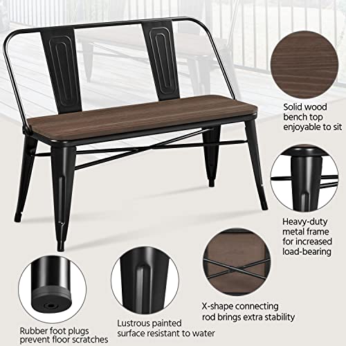 Yaheetech Industrial Metal Bench Mid-Century 3 Person Chair Dining Room Long Farmhouse Bench with Wood Seat,Removable Backrest,Black