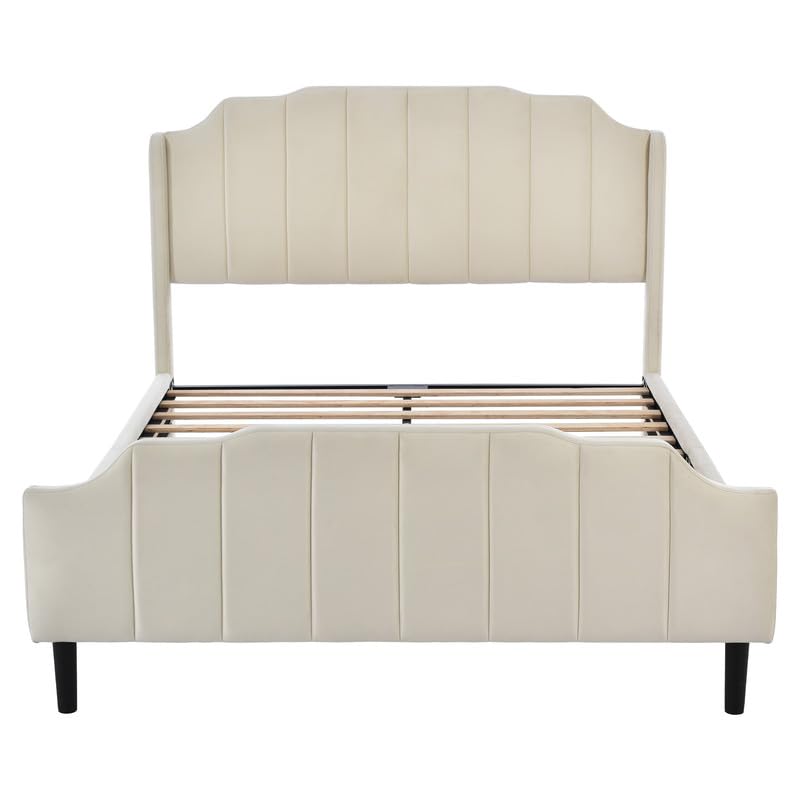 FDSPDO Queen Size Upholstered Platform Bed with Headboard and Footboard,No Box Spring Needed, Velvet Fabric,Beige