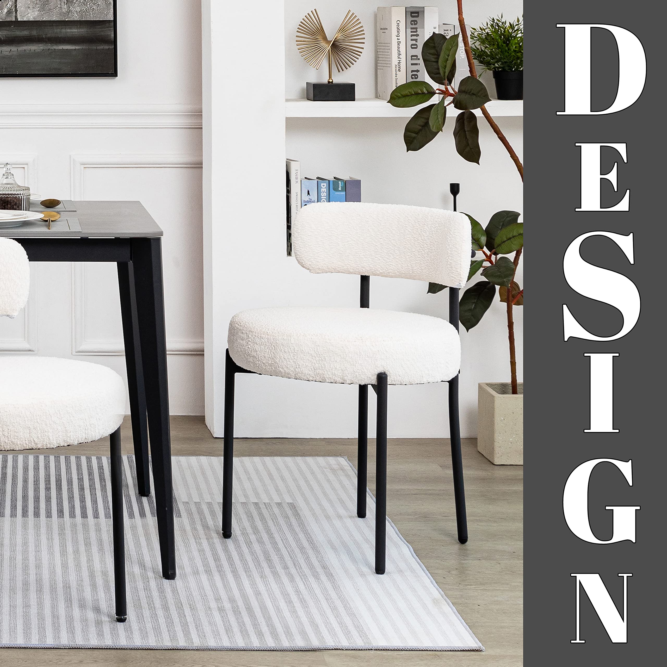 DYHOME Dining Chairs Set of 4, White Modern Upholstered Kitchen Dining Room Chairs, Boucle Dining Chairs Curved Backrest, Mid Century Kitchen Chairs with Black Metal Legs