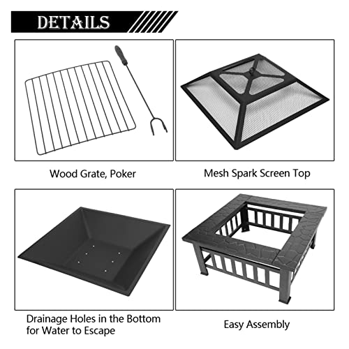 LIUXUEFE Fire Pit, Portable Square Courtyard Metal Fire Bowl, wo-od Burning Pit, Brazier Decoration Backyard Poolside Iron Black Courtyard