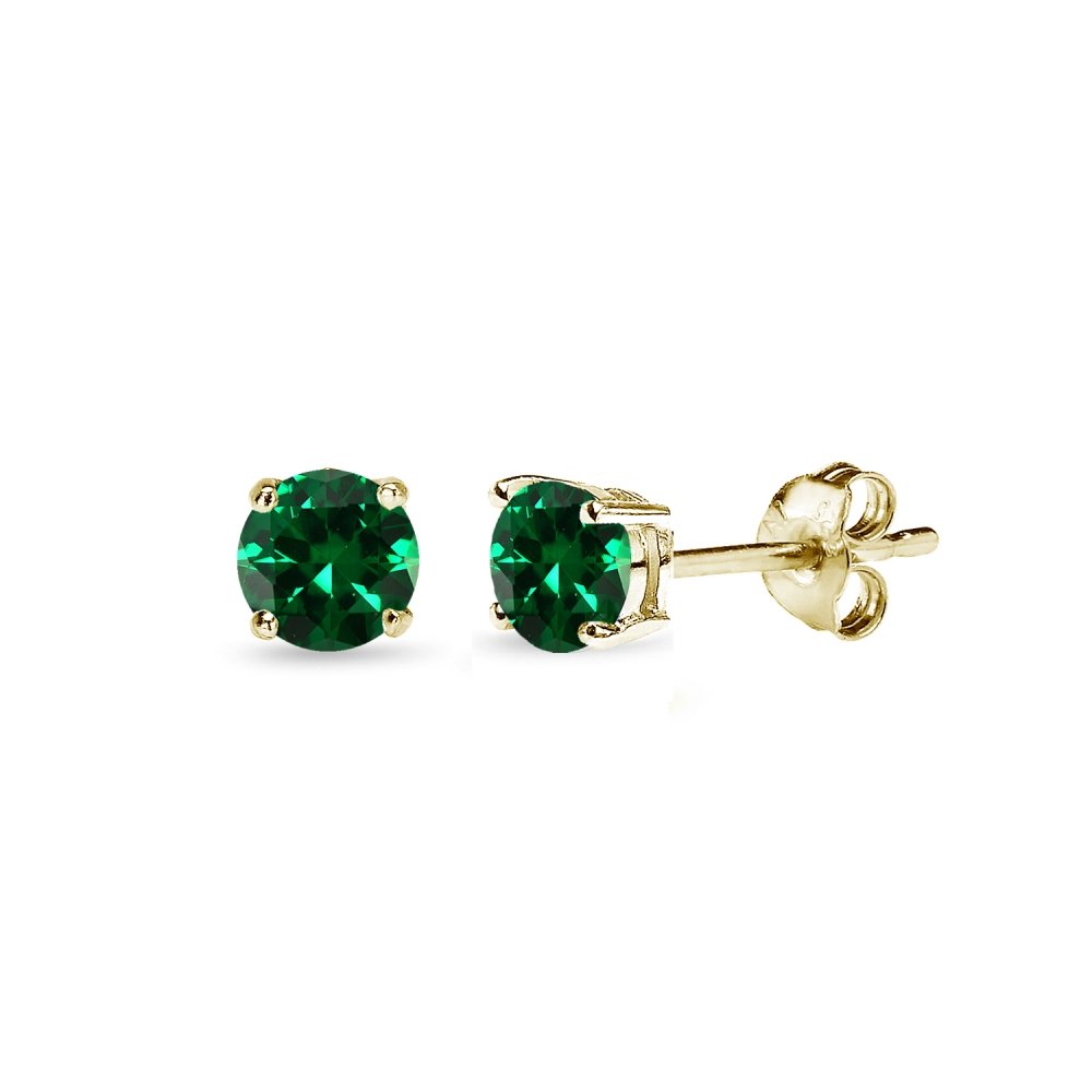 Emerald Earrings for Women Gold Flashed Sterling Silver Synthetic Green Gemstone 4mm Round-Cut Solitaire Studs for Bridesmaids Summer Fashion Trendy