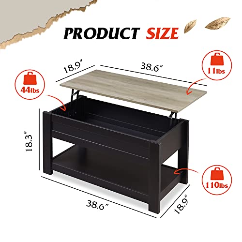 WLIVE Modern Rustic Coffee Table with Storage Shelf and Hidden Compartment,Wood Lift Tabletop for Home Living Room,Black,Greige.