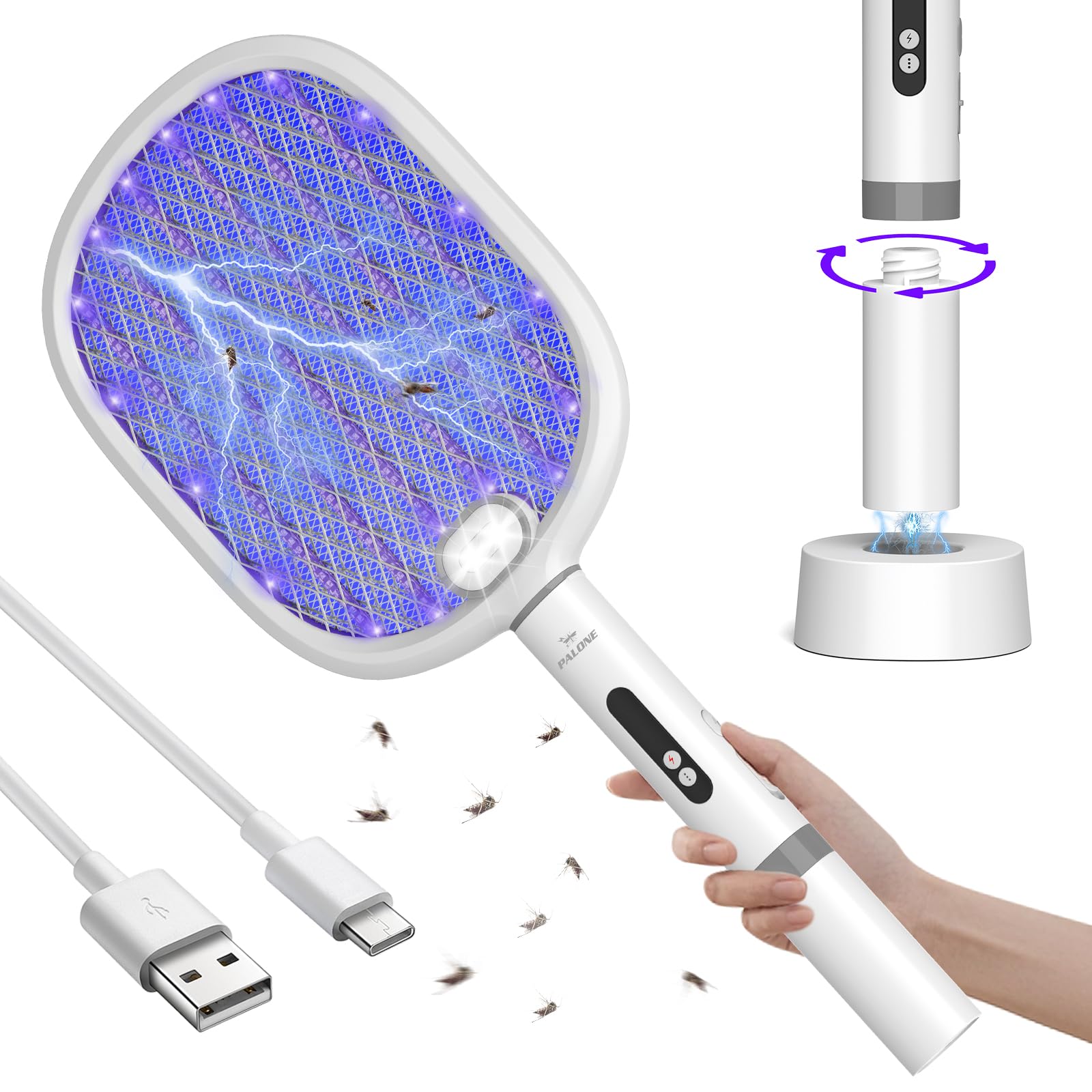 PALONE Electric Fly Swatter, Bug Zapper Racket with Light, Type-C Rechargeable Mosquito Swatter, 3000V Detachable Automatic Fly Zapper with Dual Modes, Mosquito Killer for Indoor Outdoor 1 Pack